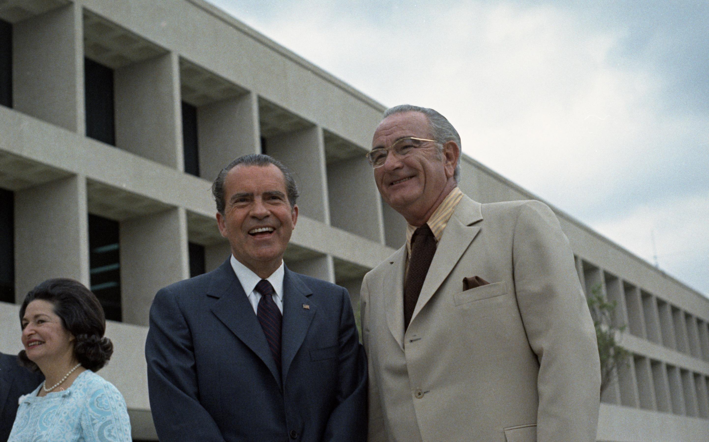 Photo - Lady Bird Johnson, President Nixon, and LBJ at the dedication of the LBJ Presidential ...